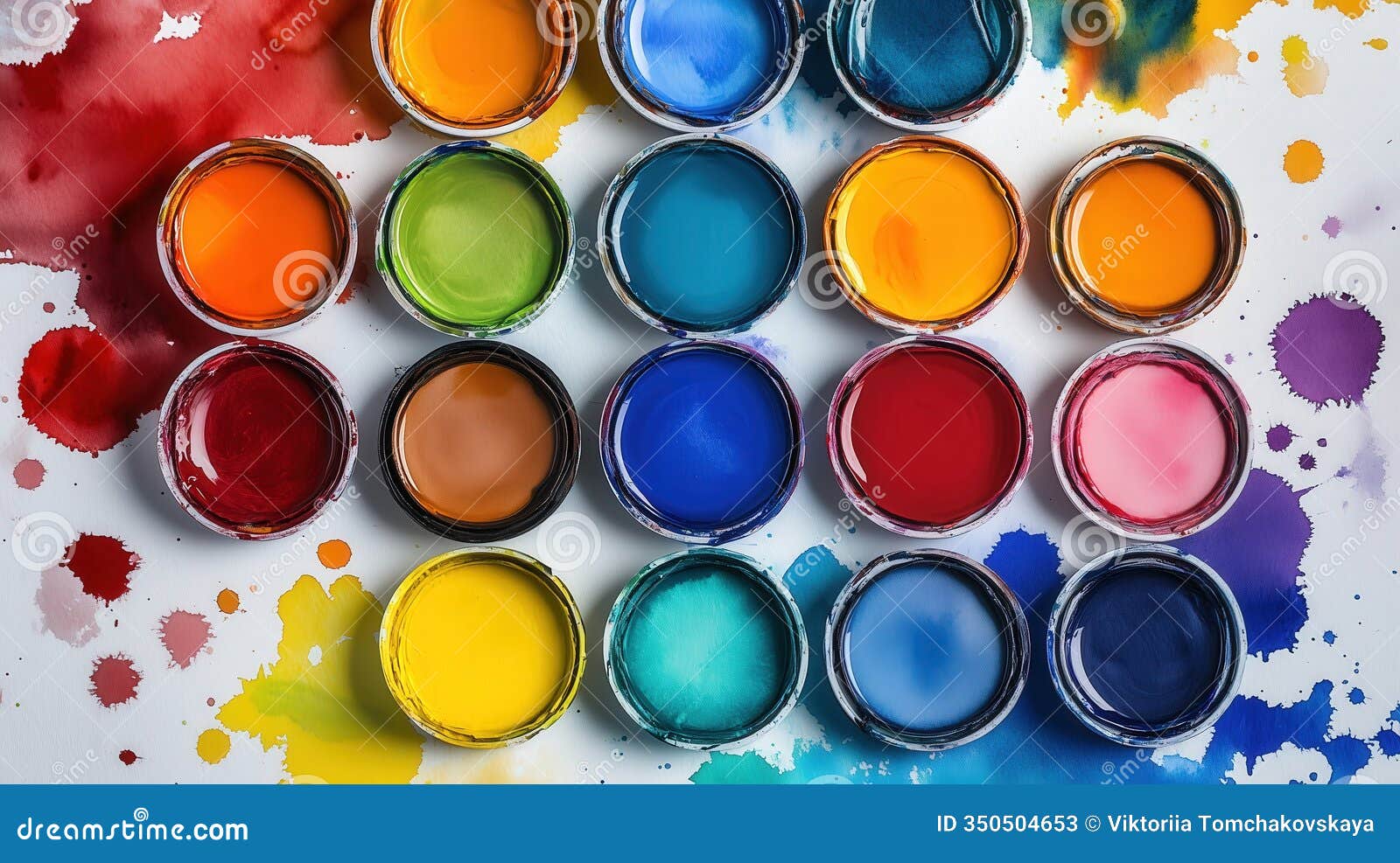 Vibrant Array of Colorful Paint Splatters and Open Paint Cans on a ...