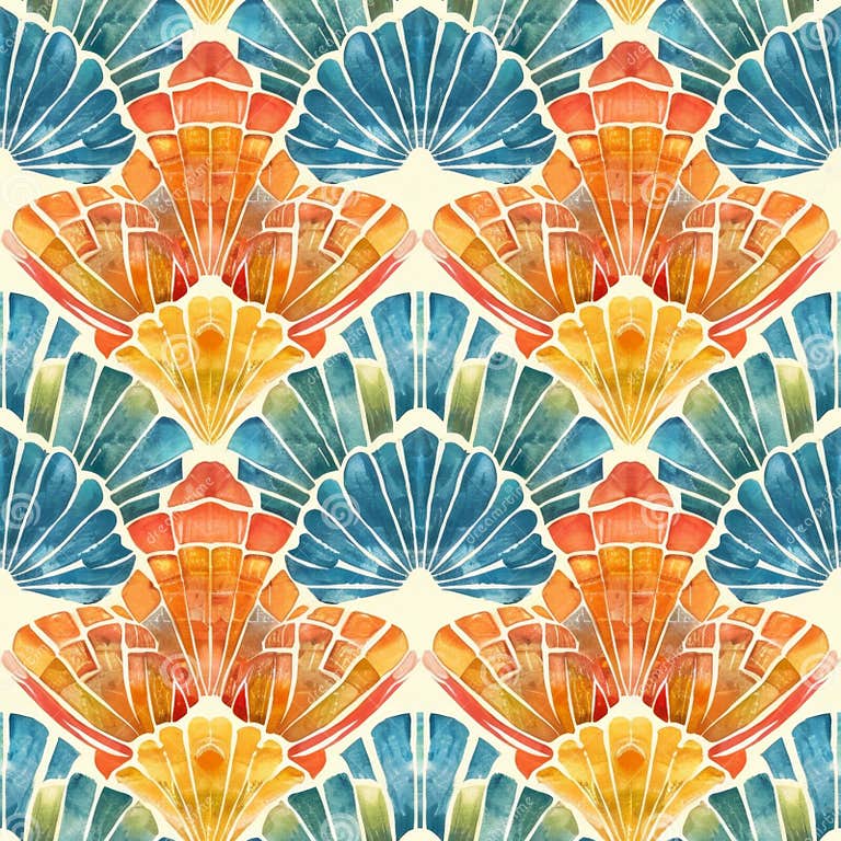 Vibrant Art Deco Shell Pattern in Warm and Cool Tones Stock Image ...