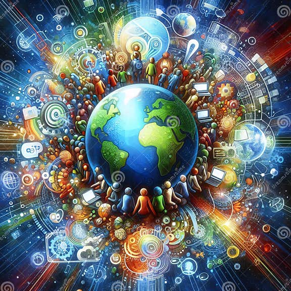Vibrant Artwork of Earth Surrounded by Technology and Human Figures ...