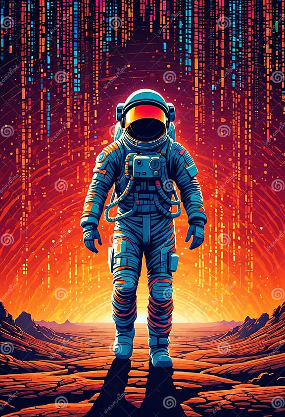 Vibrant Astronaut on Planet Illustration with a Cascade of Colorful ...