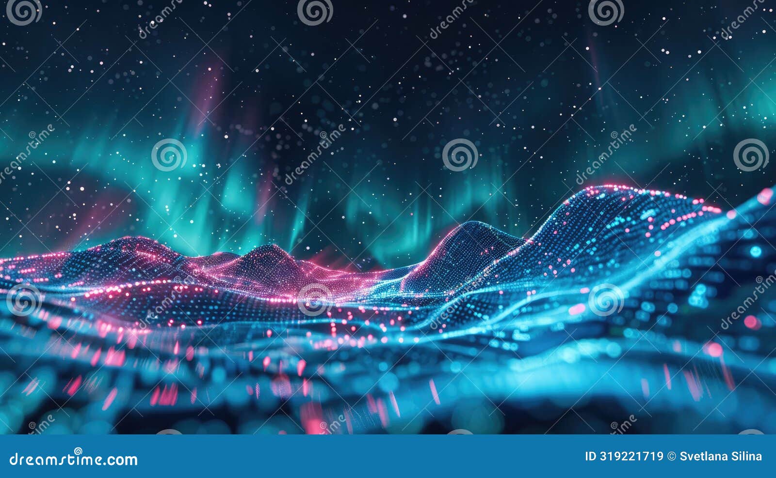 A Vibrant Aurora Borealis in the Night Sky Blends with Digital Data Streams, Illustrating Data S ...
