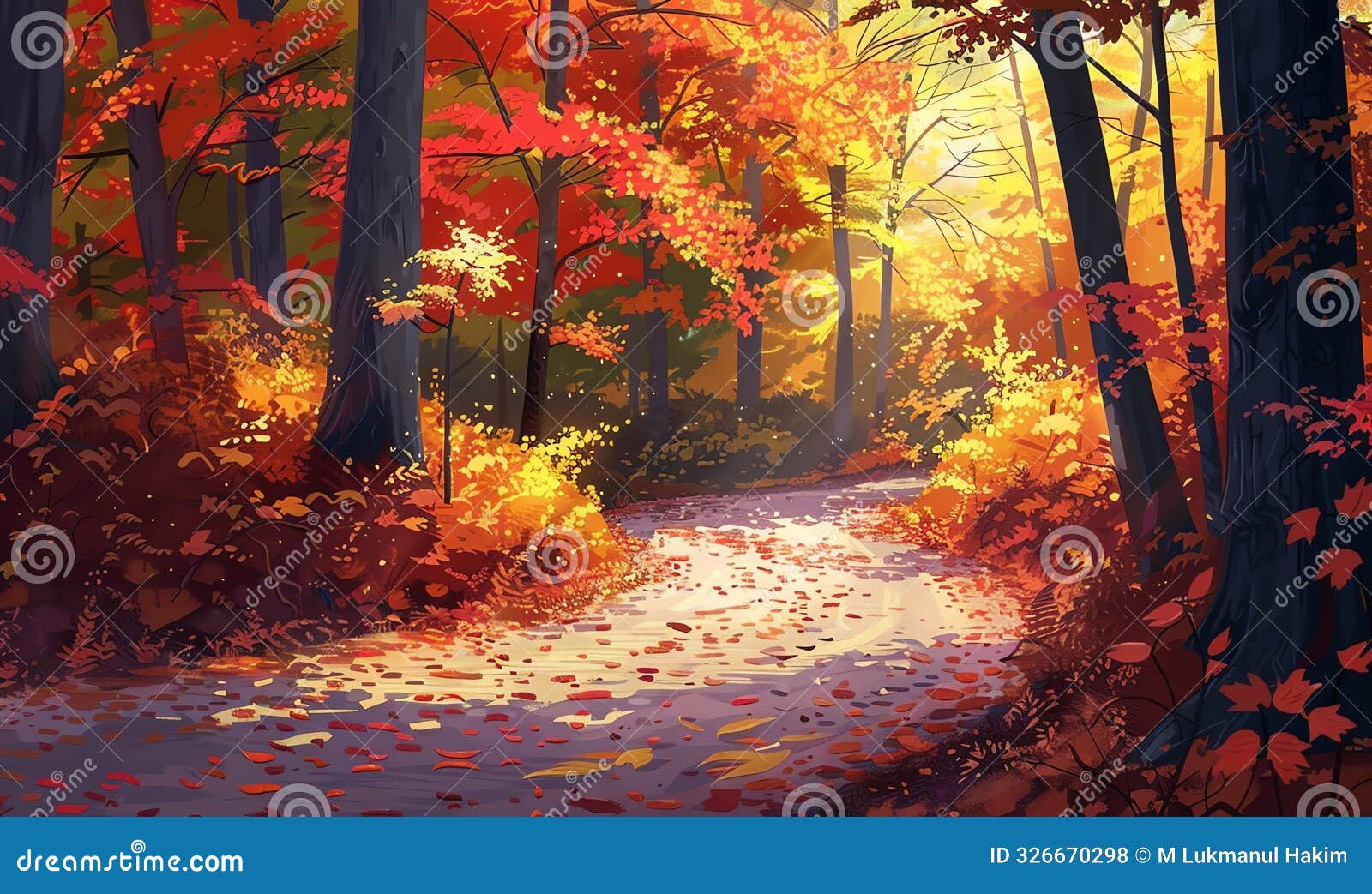Vibrant Autumn Forest Path. Scenic Fall Landscape Painting Stock Photo ...