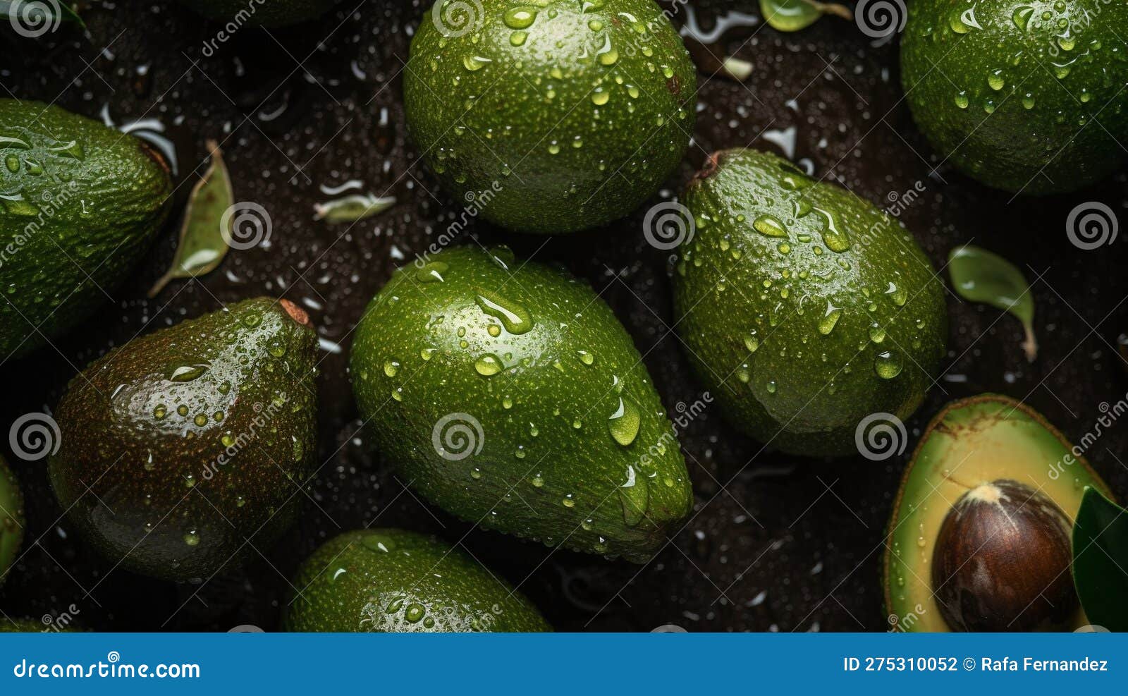 Vibrant Avocado Pattern with Water Droplets, Top-Down View, Freshness ...