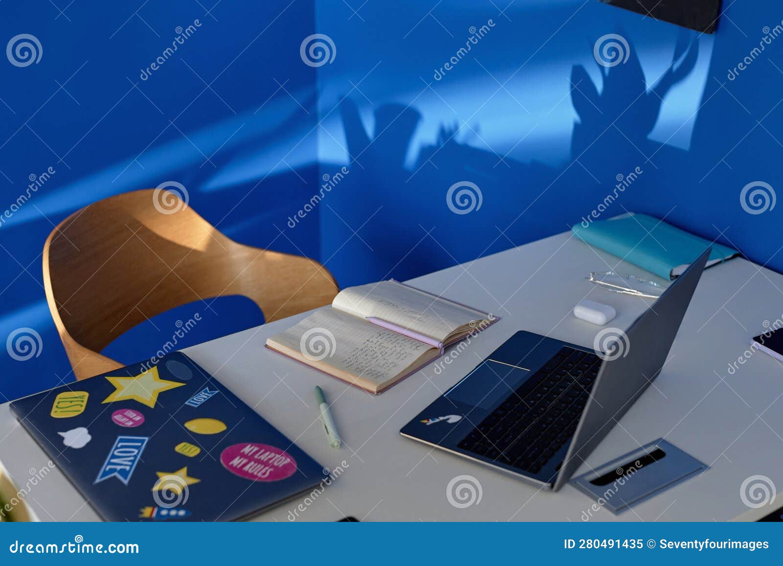 Vibrant Background Image of Funky Workplace with Laptop in Blue Stock ...