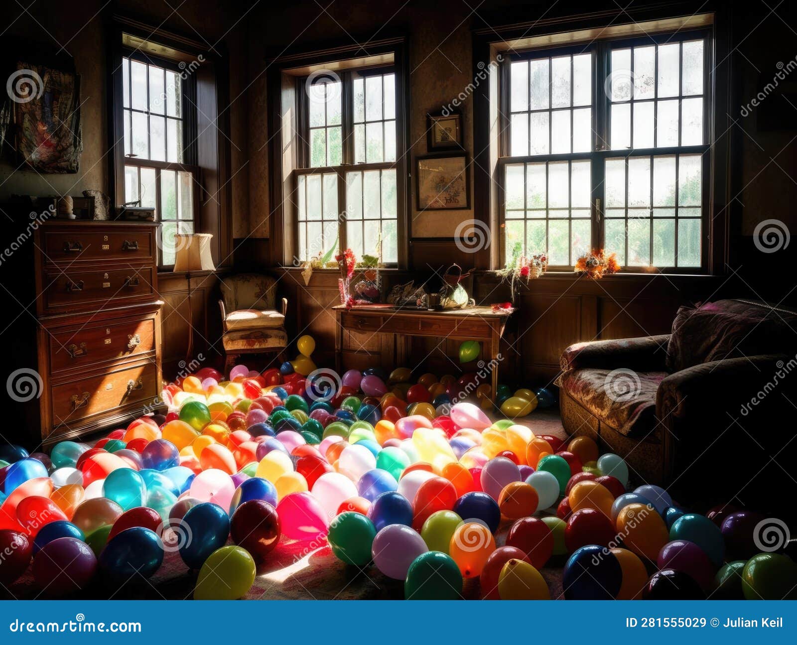 Colorful Balloons Fill Room with Joy and Sunlight Stock Illustration ...