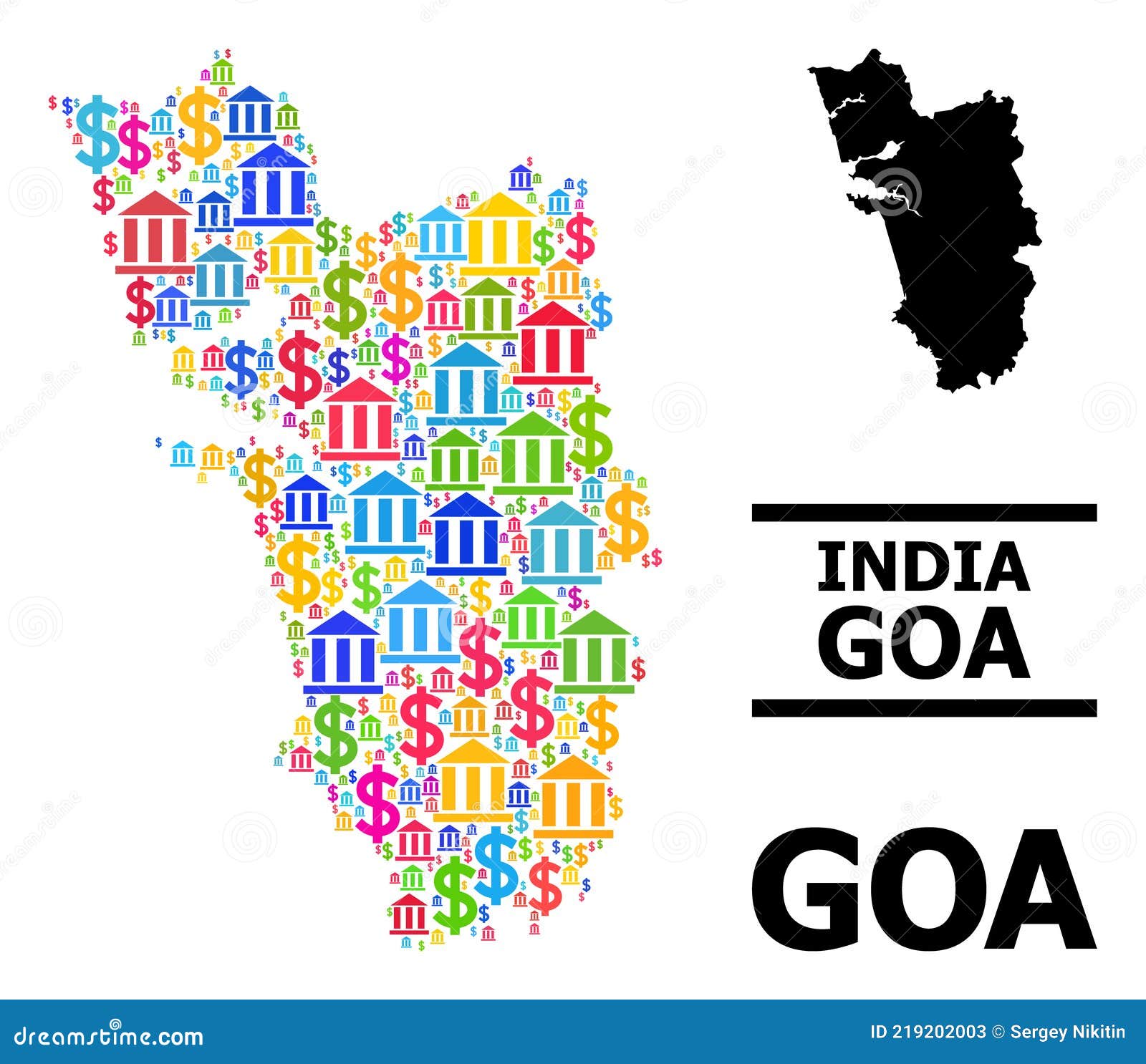 Vector Mosaic Map of Goa State of Financial and Commerce Items Stock ...