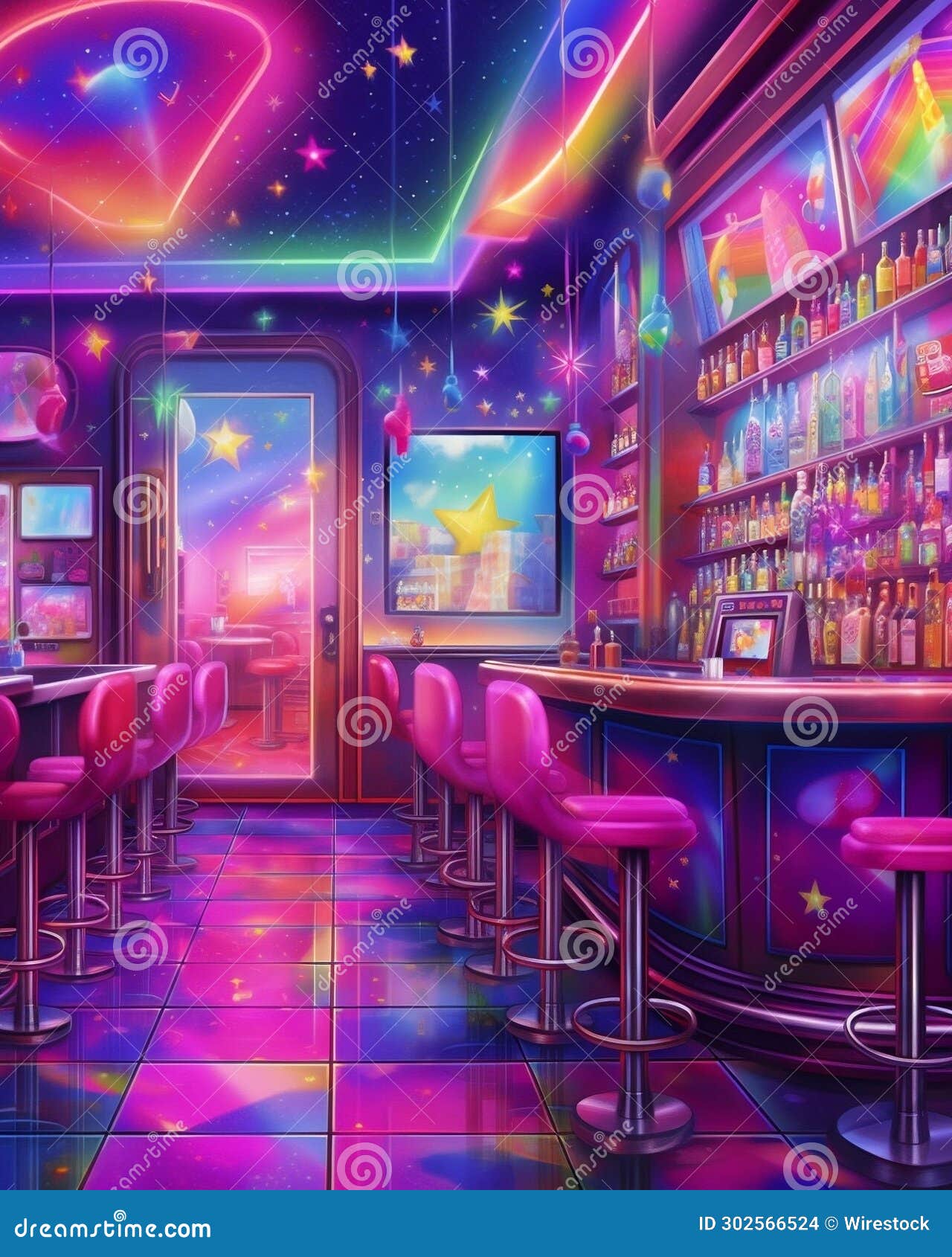 Vibrant Bar with a Cosmic Atmosphere Featuring an Illuminated Ceiling ...