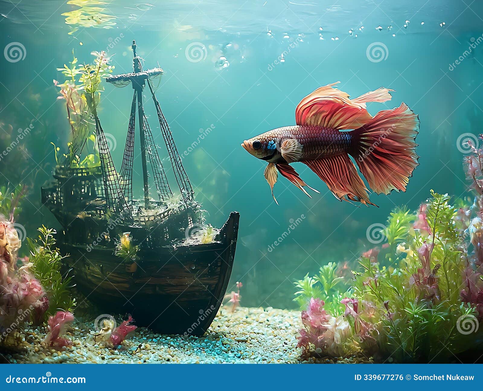 A Vibrant Betta Fish Swims Past a Sunken Ship in an Aquarium Stock ...