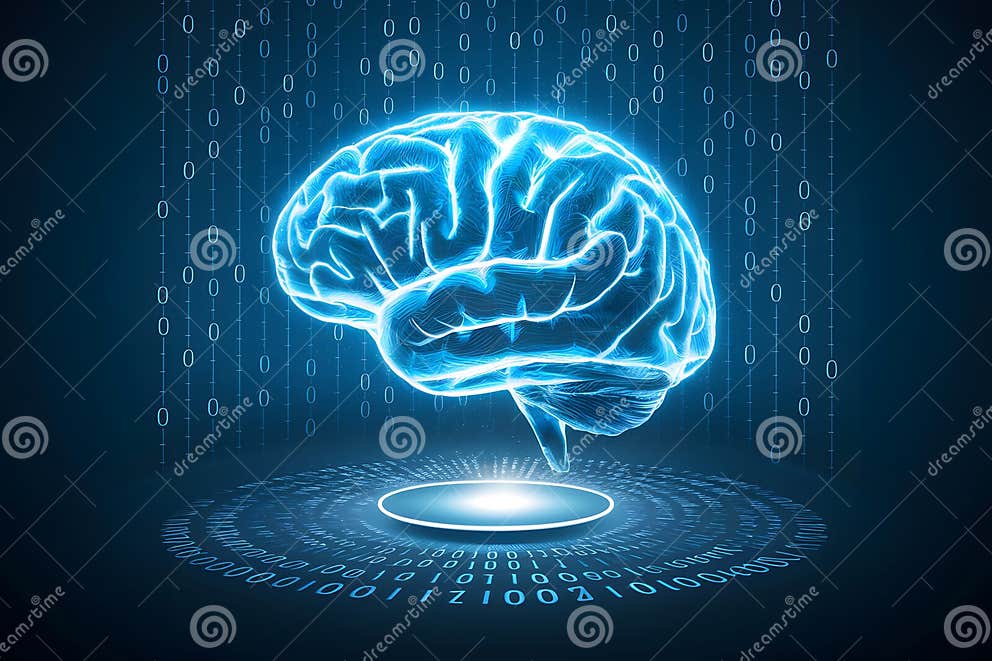 Vibrant Blue Brain Surrounded by Binary Code on Circular Platform with Soft Glow Stock ...