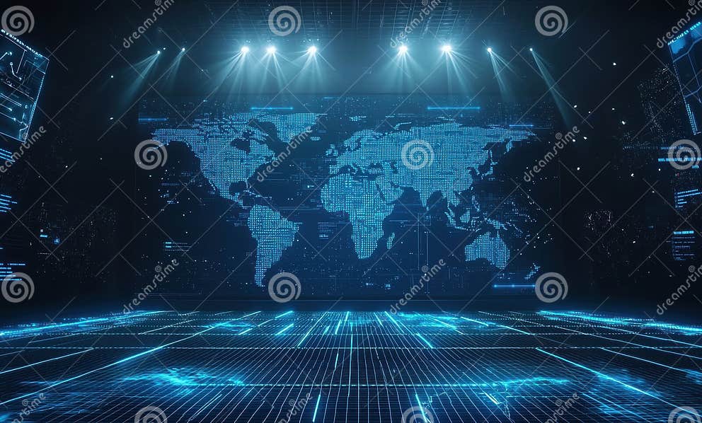 Blue Digital World Map Displayed on a High-tech Screen with Glowing ...