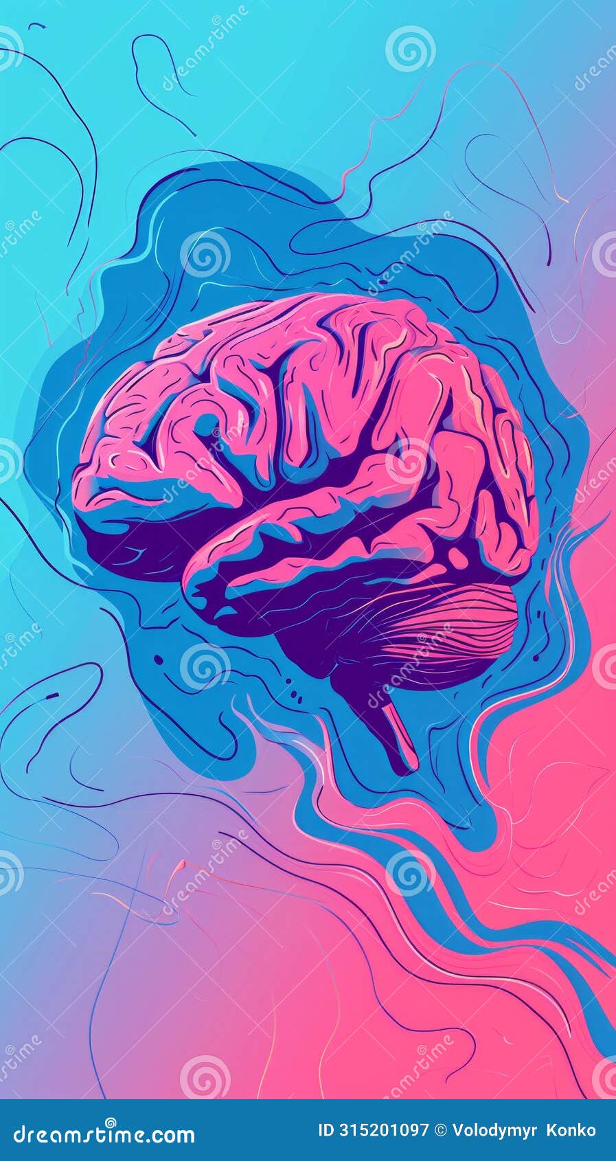 Vibrant Blue and Pink Brain Drawing, Illustrating Powerful Human ...