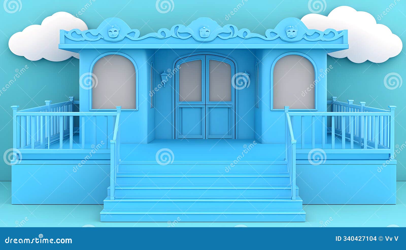 Vibrant Blue Stage with Whimsical Cloud Backdrop Stock Photo - Image of ...