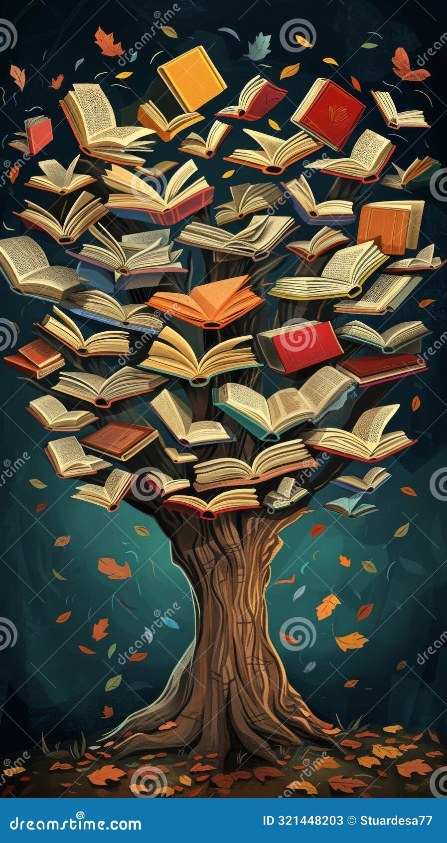 Vibrant Book Tree with Floating Pages Stock Image - Image of creative ...