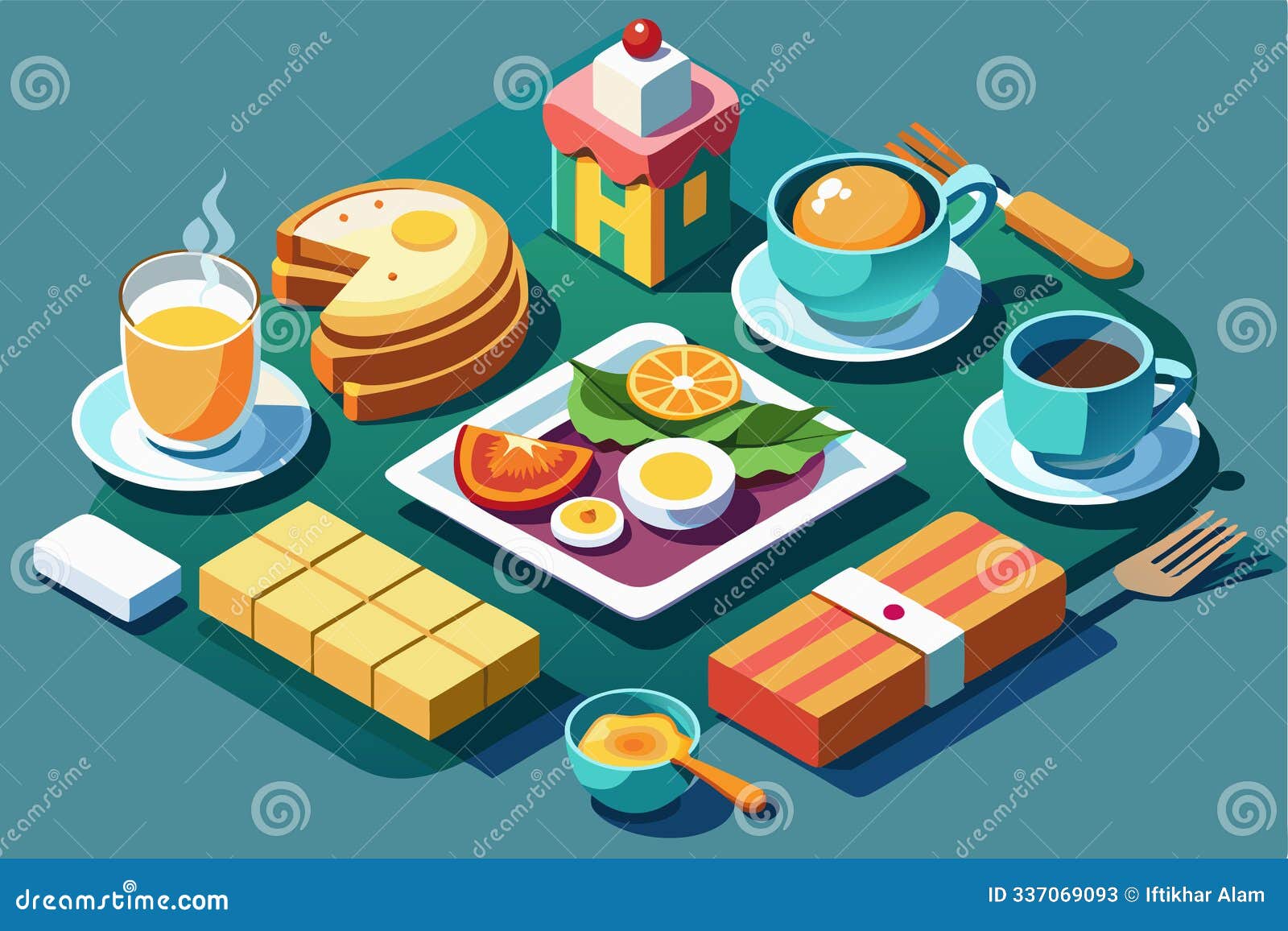 A Vibrant Breakfast Layout Featuring Eggs, Toast, Fruits, Drinks, and ...