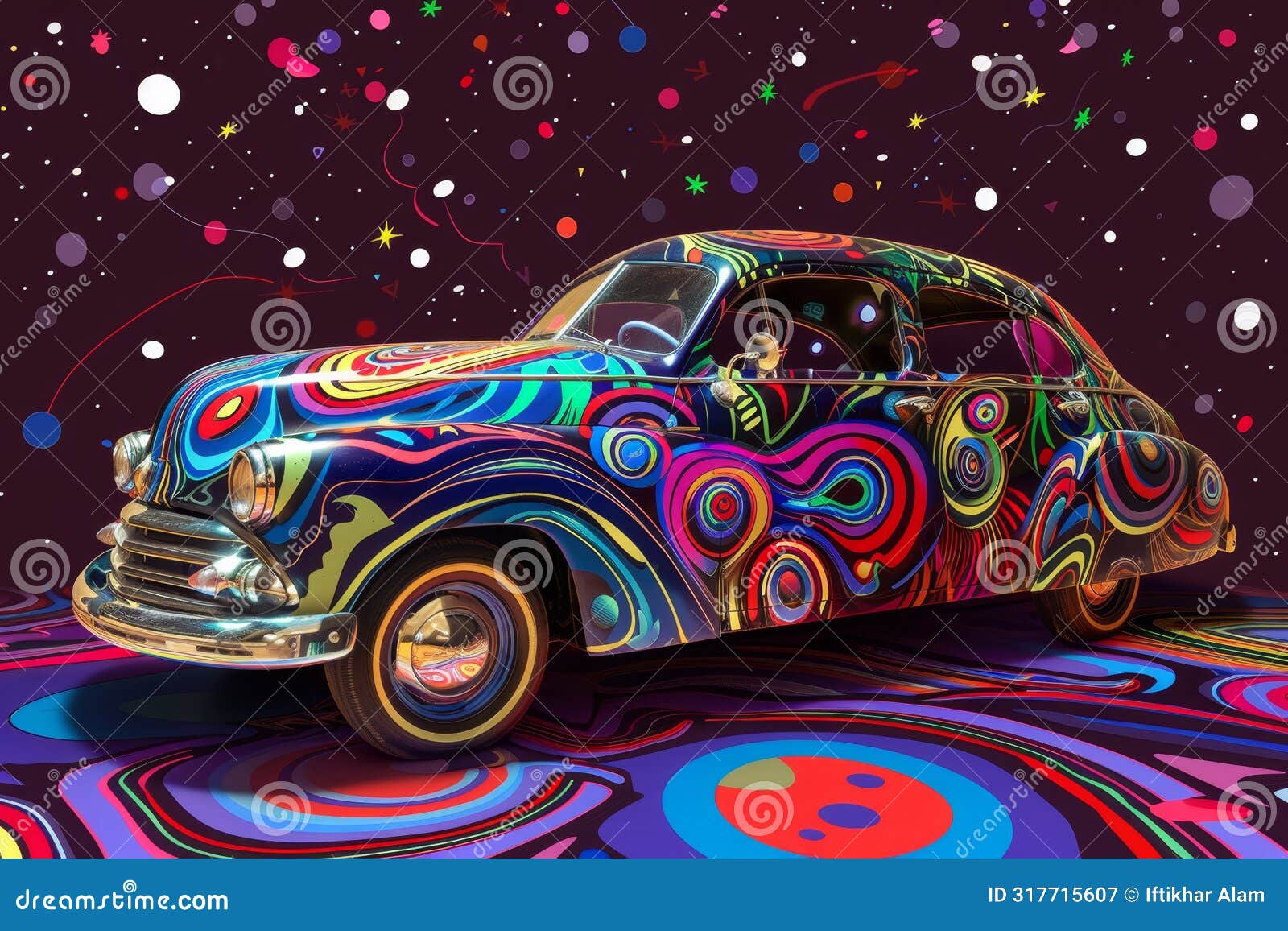 A Vibrant Car with Abstract Designs Parked in Front of a Dark Backdrop ...