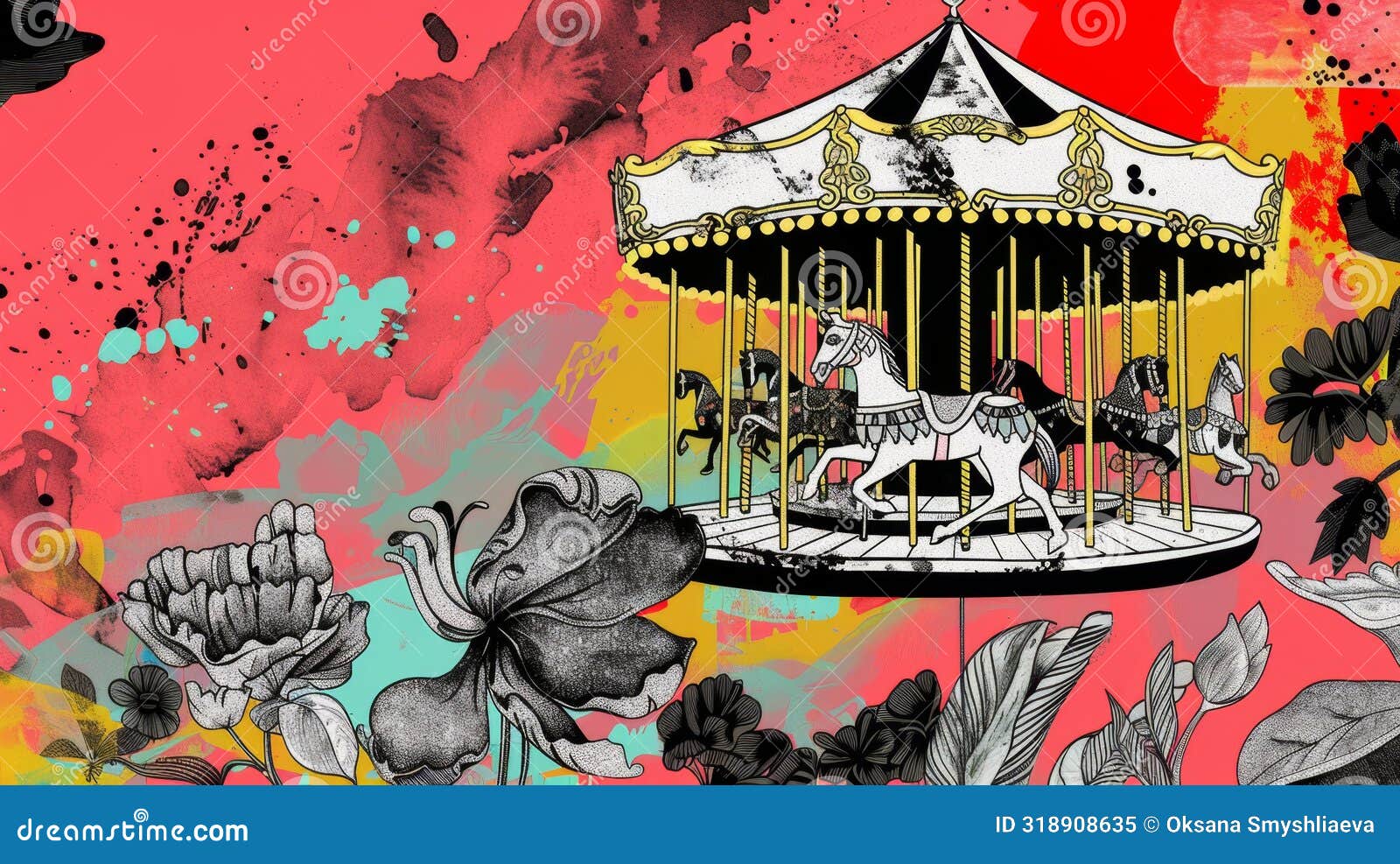 Vibrant Carousel Horses on Abstract Floral and Paint Splash Background ...