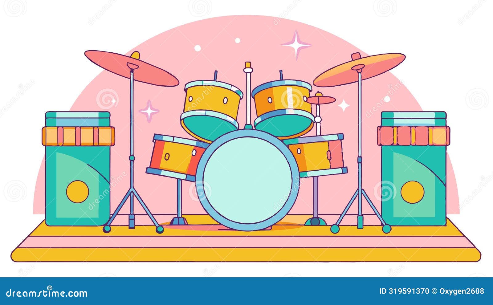 Vibrant Cartoon Drum Set Illustration on Stage Background Stock Photo ...