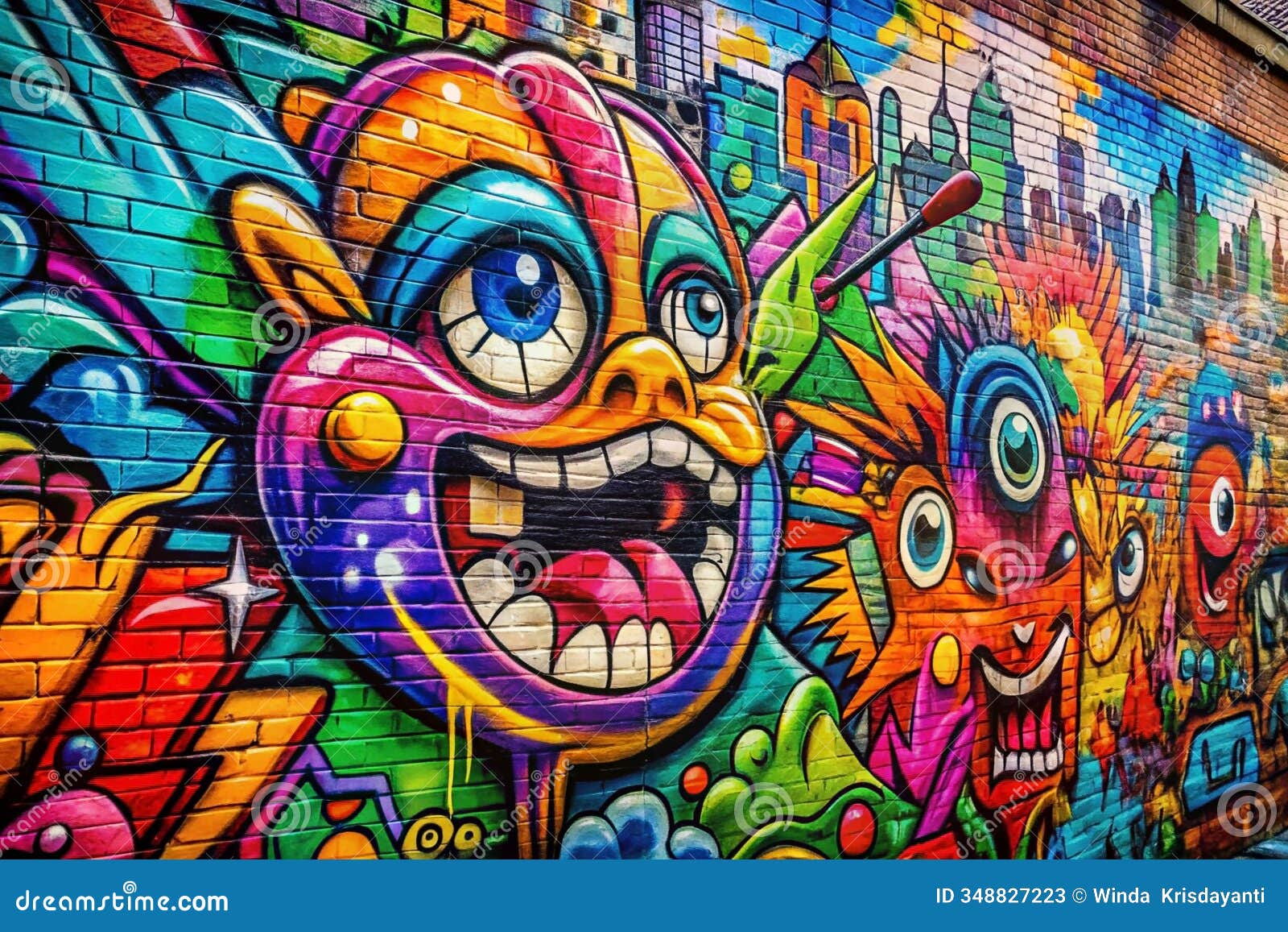 Vibrant Cartoon Graffiti Mural on Brick Wall Stock Illustration ...