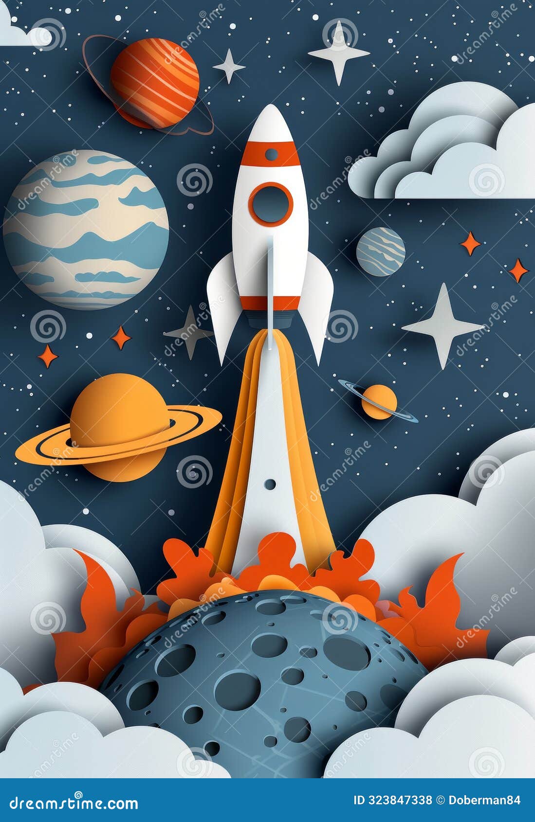 Rocket Launching into Space with Planets, Stars, and Clouds in a ...