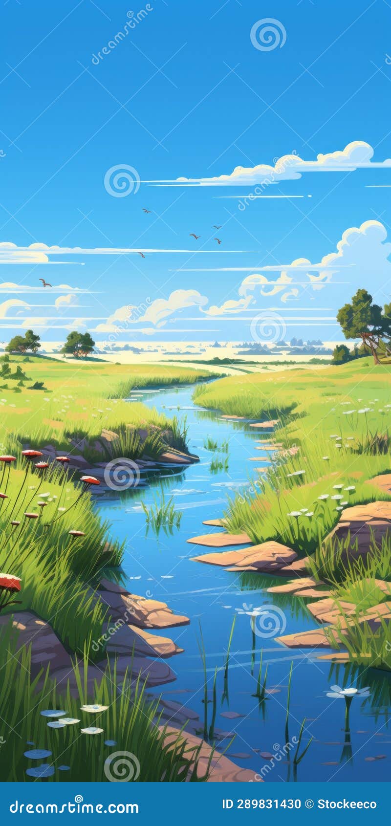 Serene Pastoral Scene: Detailed Illustration of Wild West Wetland ...