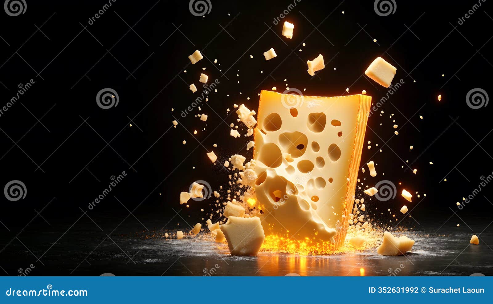 Vibrant Cheese Block Exploding with Glowing Particles, Showcasing ...