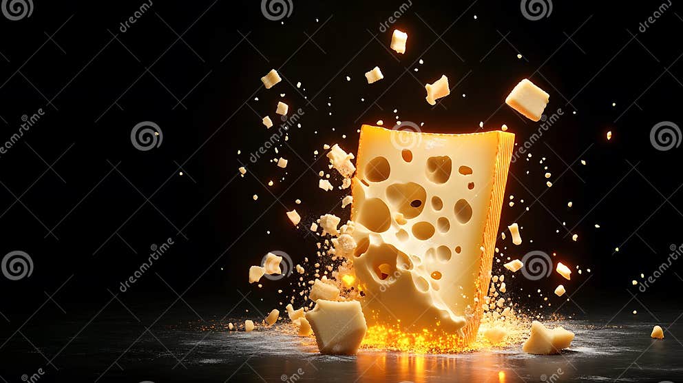 Vibrant Cheese Block Exploding with Glowing Particles, Showcasing ...
