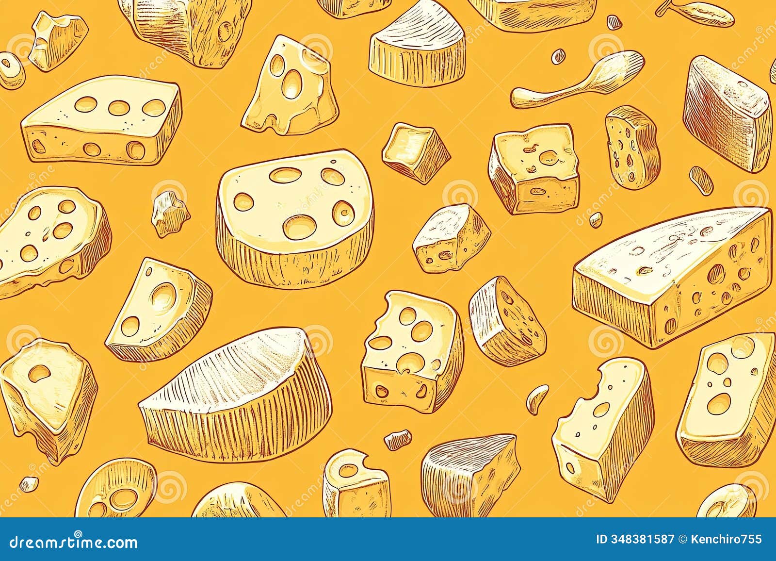Vibrant Cheese Pattern Featuring Various Cheese Types and Shapes Stock ...