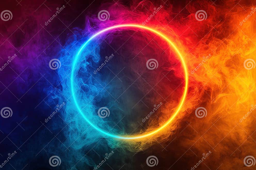 Vibrant Circular Neon Light with Colorful Smoke Effects in a Dark ...