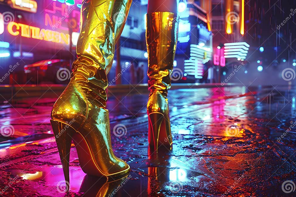 Vibrant City Nightlife Golden High Heels On Rain Soaked Streets