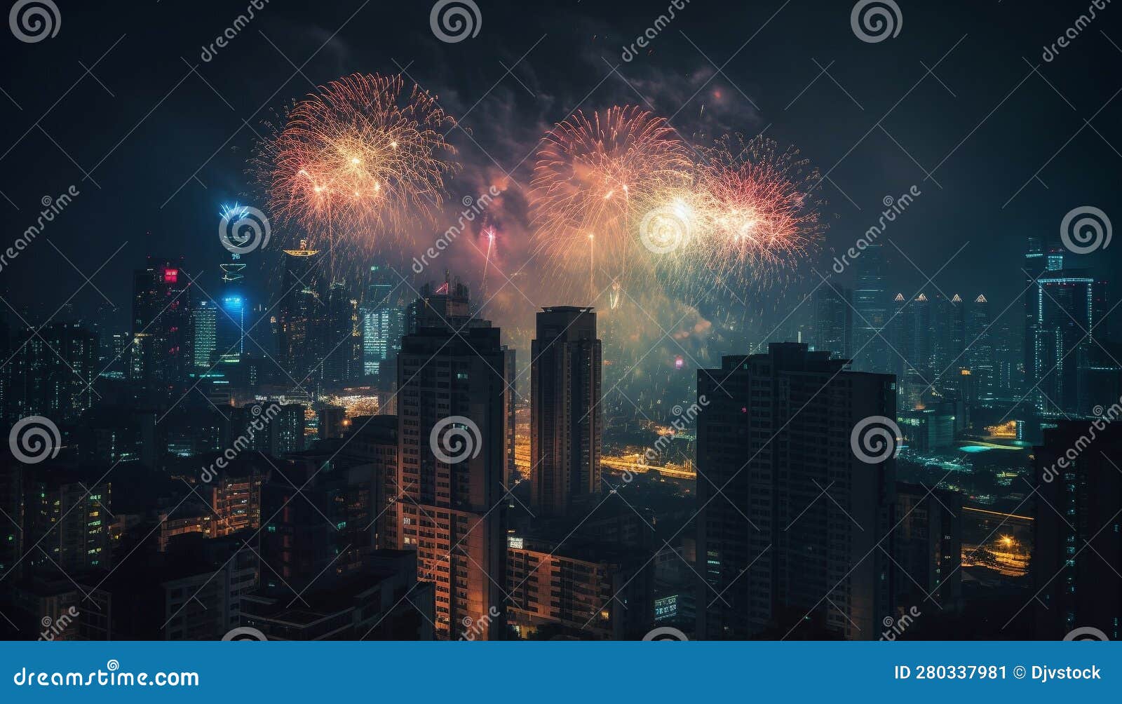 Vibrant City Skyline Explodes with Colorful Fireworks at Night ...