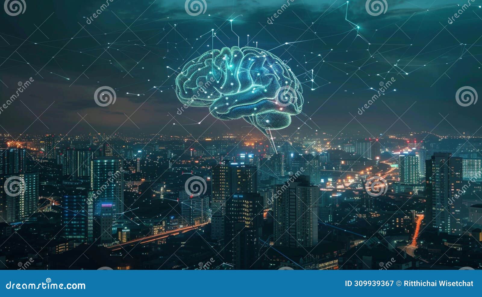 A Vibrant Cityscape at Night Overlaid with Neon Digital Brain and ...