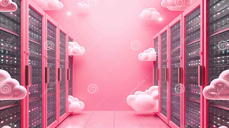 Vibrant Cloud Computing Concept with Pink Server Room and Floating ...