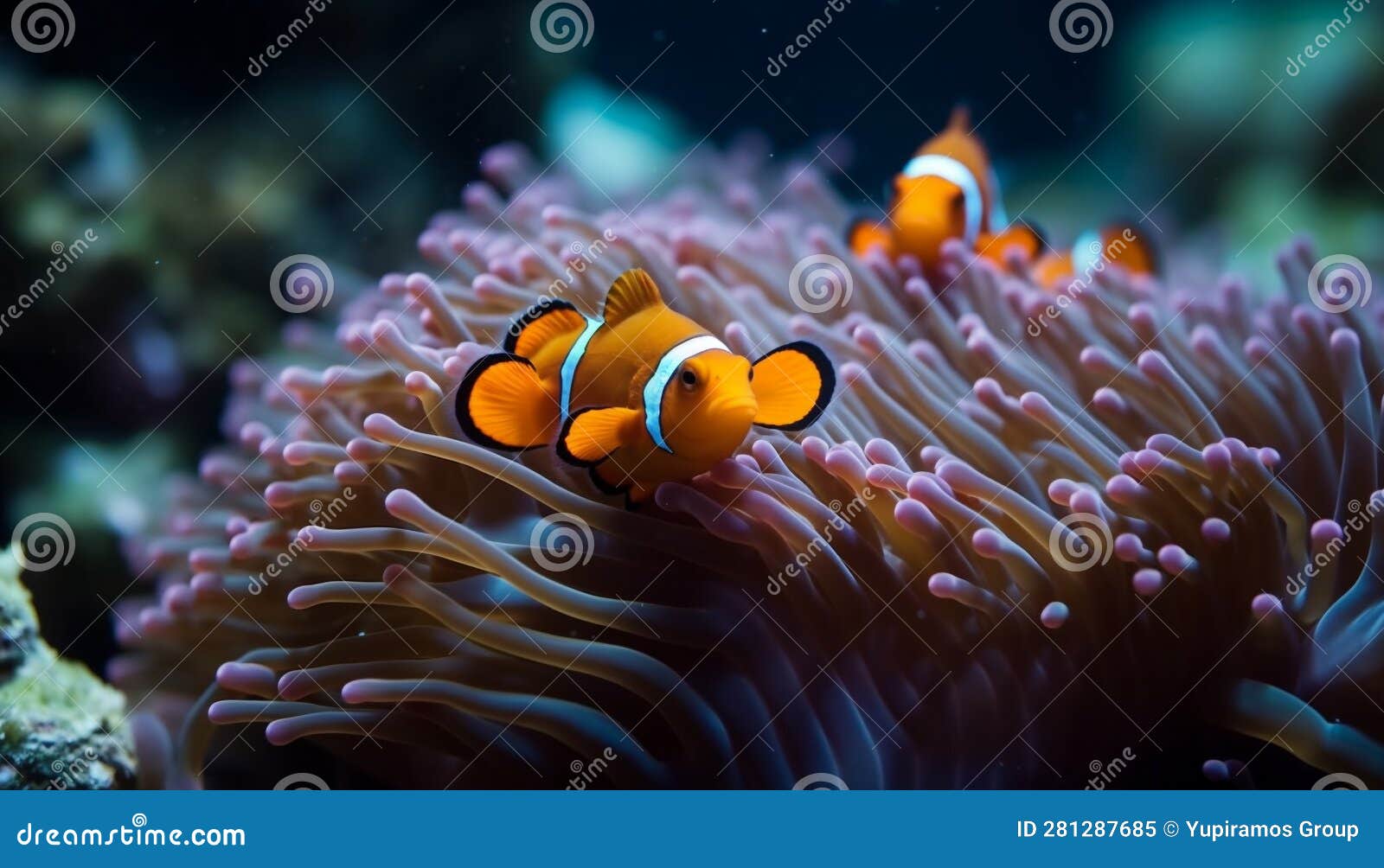 Vibrant Clown Fish Swim in Multi Colored Coral Reef Underwater Stock ...