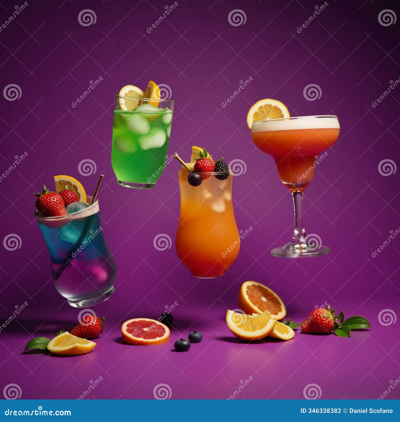 Vibrant Cocktails Floating Fruit Against a Purple Backdrop Stock ...