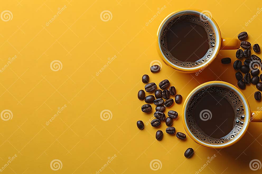 Vibrant Coffee Theme with Two Yellow Cups and Coffee Beans on Yellow ...