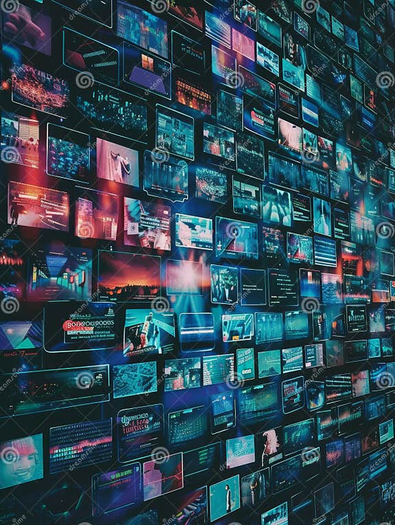 Vibrant Collage of Multimedia Content Displayed on a Wall of Screens ...