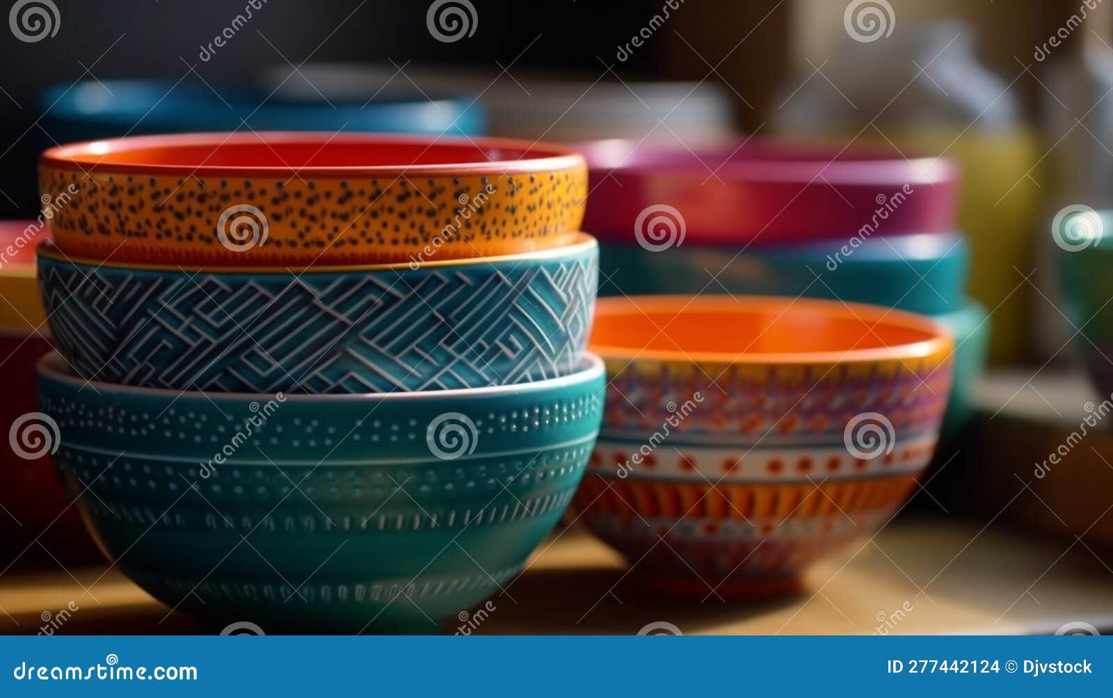 Vibrant Colored Pottery Collection Stacked on Table Generated by AI ...