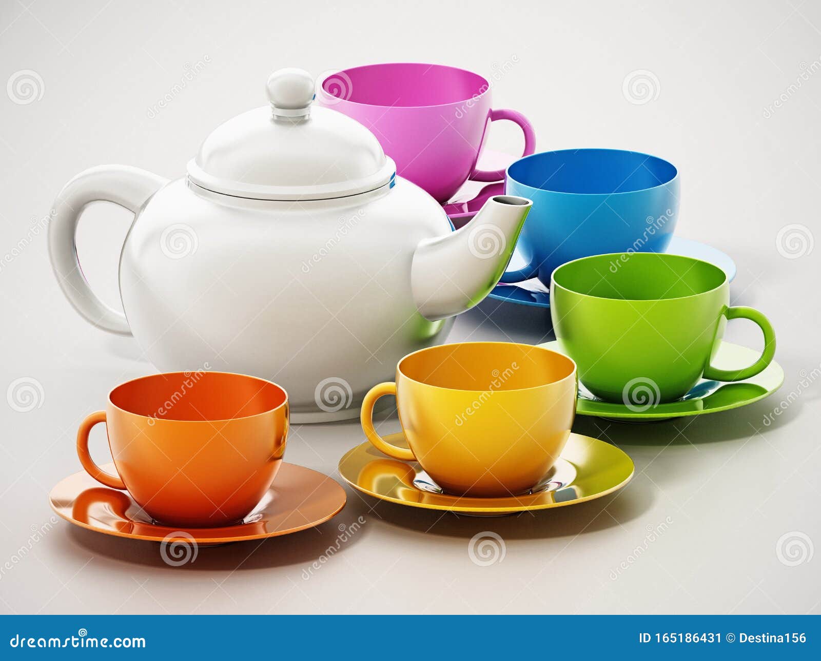 Vibrant Colored Tea Set with Soft Shadows. 3D Illustration Stock ...