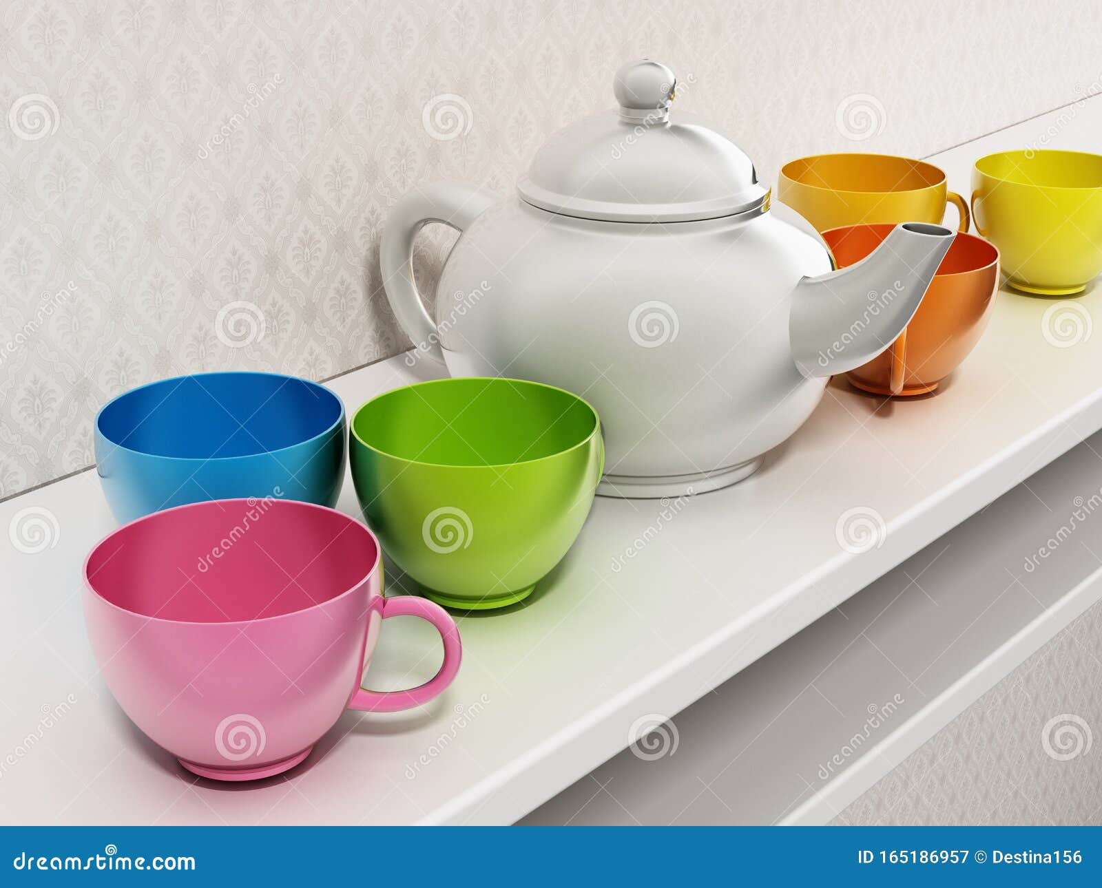 Vibrant Colored Tea Set Standing on the Shelf. 3D Illustration Stock ...