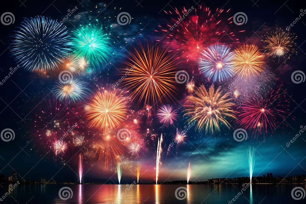 Vibrant Colors Illuminate Exploding Firework Display at Night Stock ...