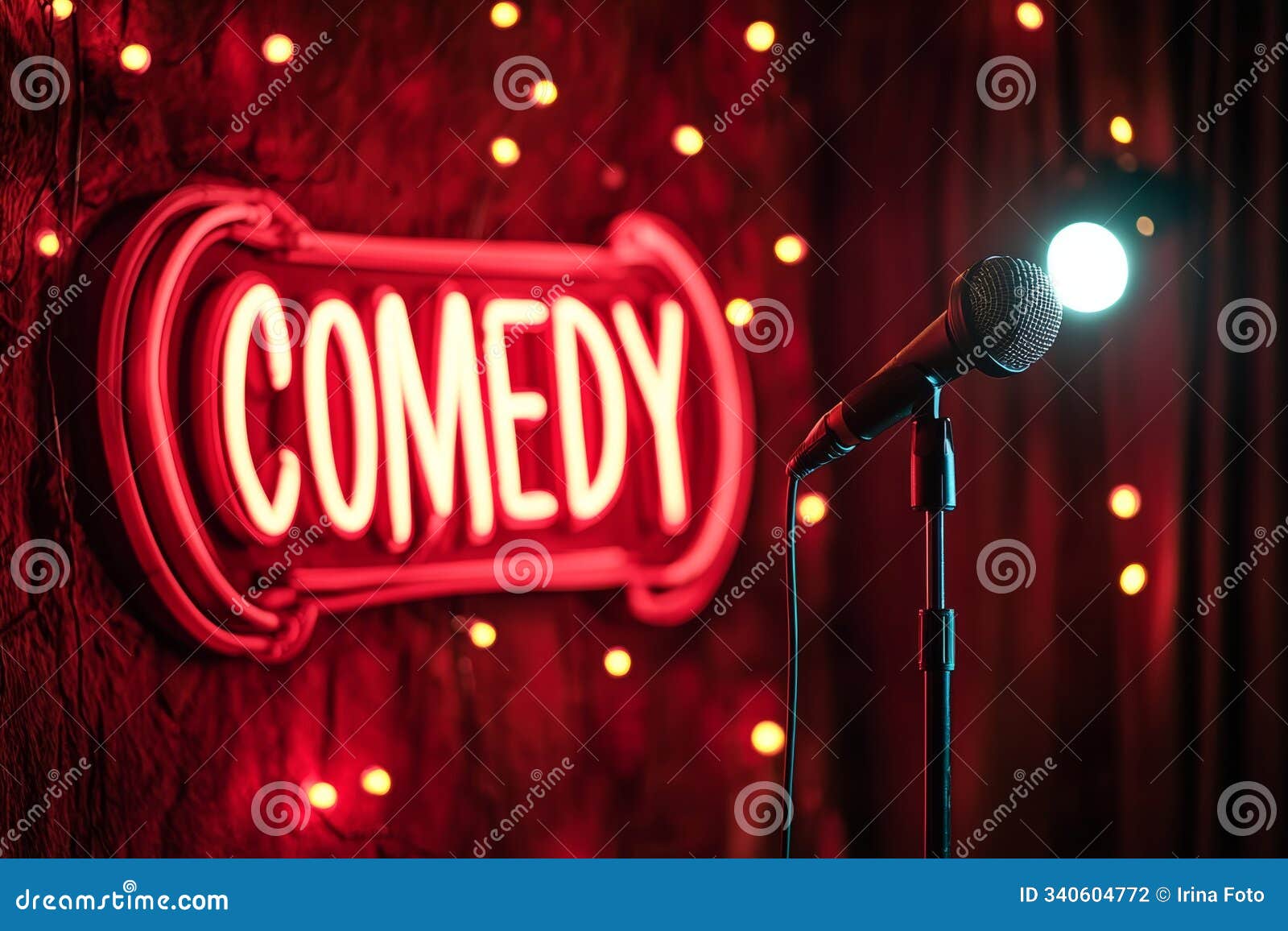 A Vibrant Comedy Stage Featuring a Spotlight, Microphone, and an ...