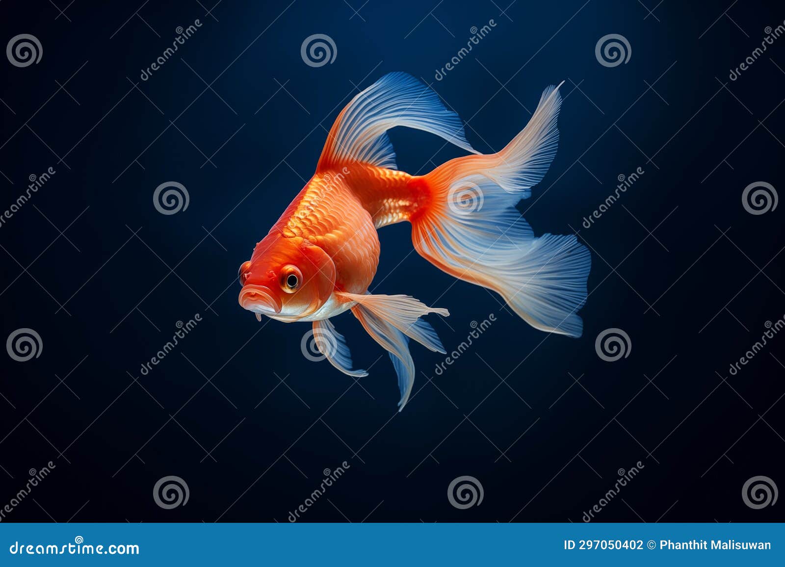 Vibrant Comet Goldfish Isolated on Deep Blue Background Stock ...