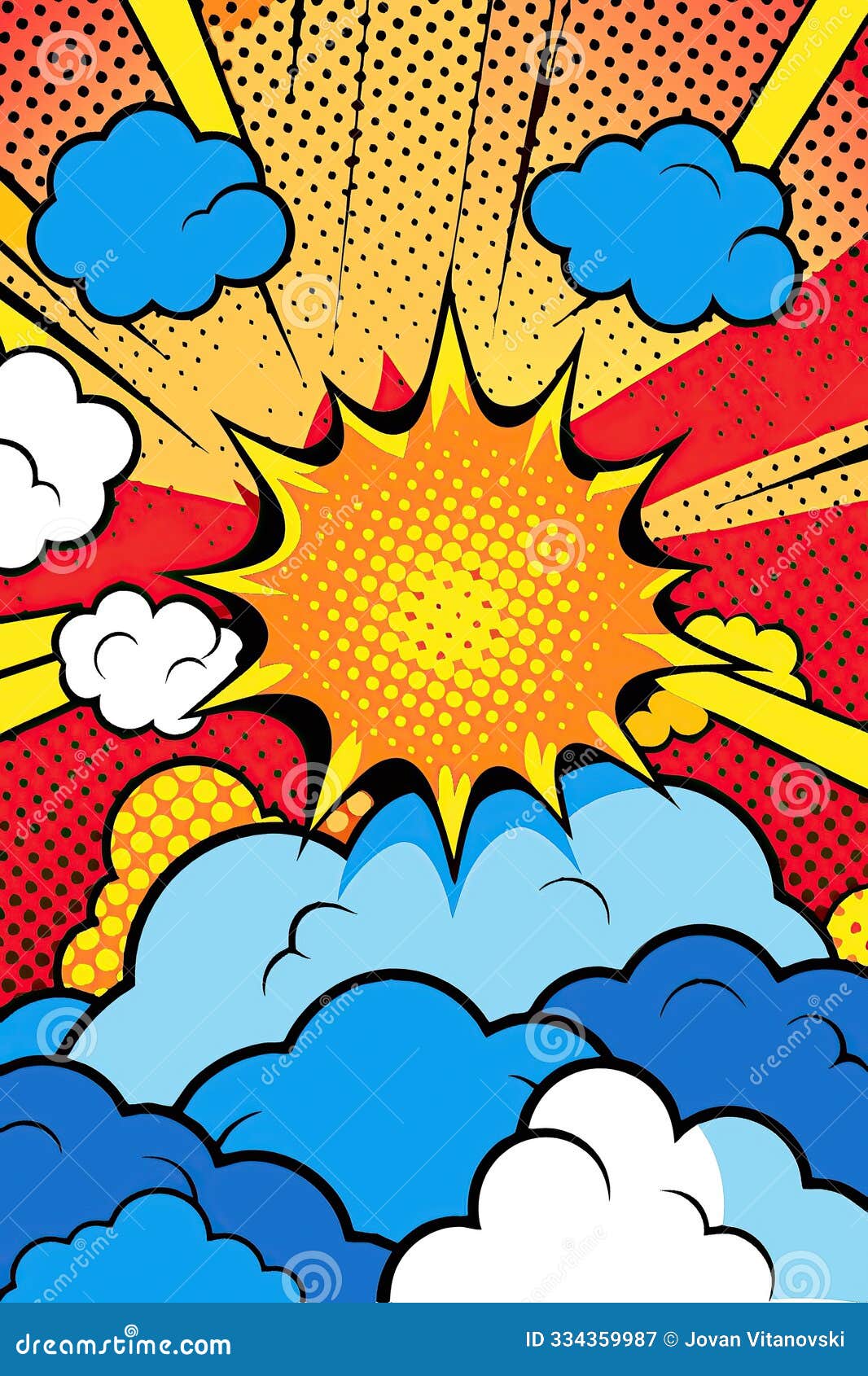 Vibrant Comic Book Style Background with Clouds and Dots Explosion ...