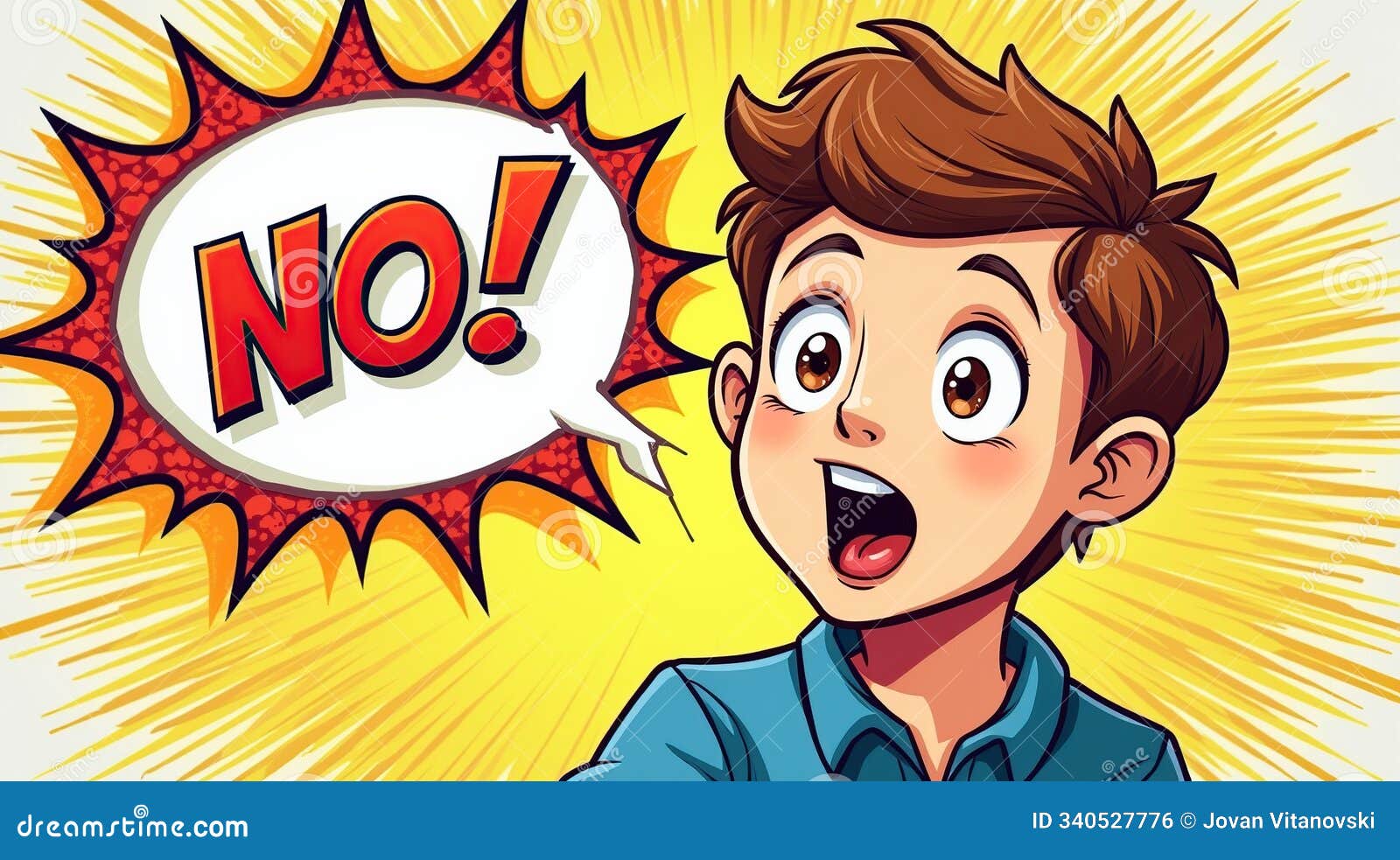 Comic Style Surprised Boy with Speech Bubble Saying No Stock ...