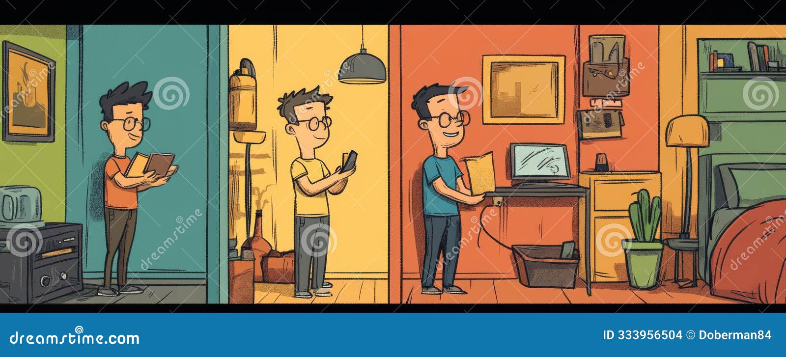 Comic Strip Illustration of a Smart Home Assisting a Man with daily ...