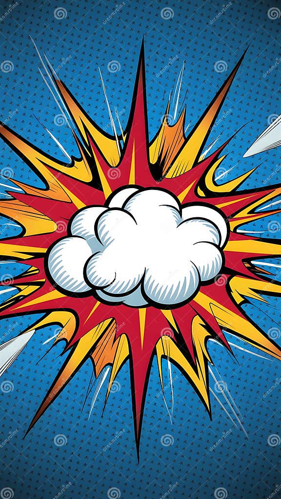 Comic Style Explosion with Colorful Rays Against Blue Dotted Background ...