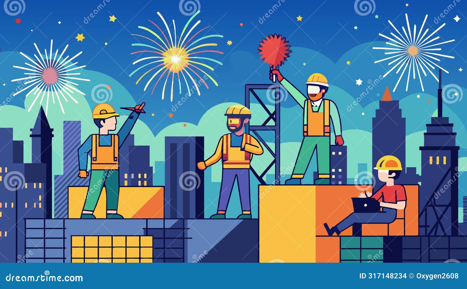 Vibrant Construction Team Working at Night with Fireworks Display Stock ...