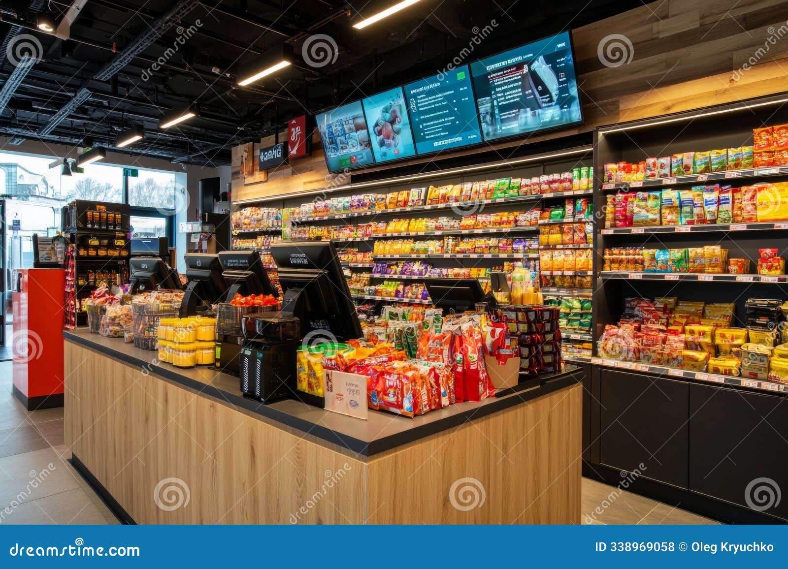 Modern Convenience Store Interior with Colorful Shelves Filled with ...