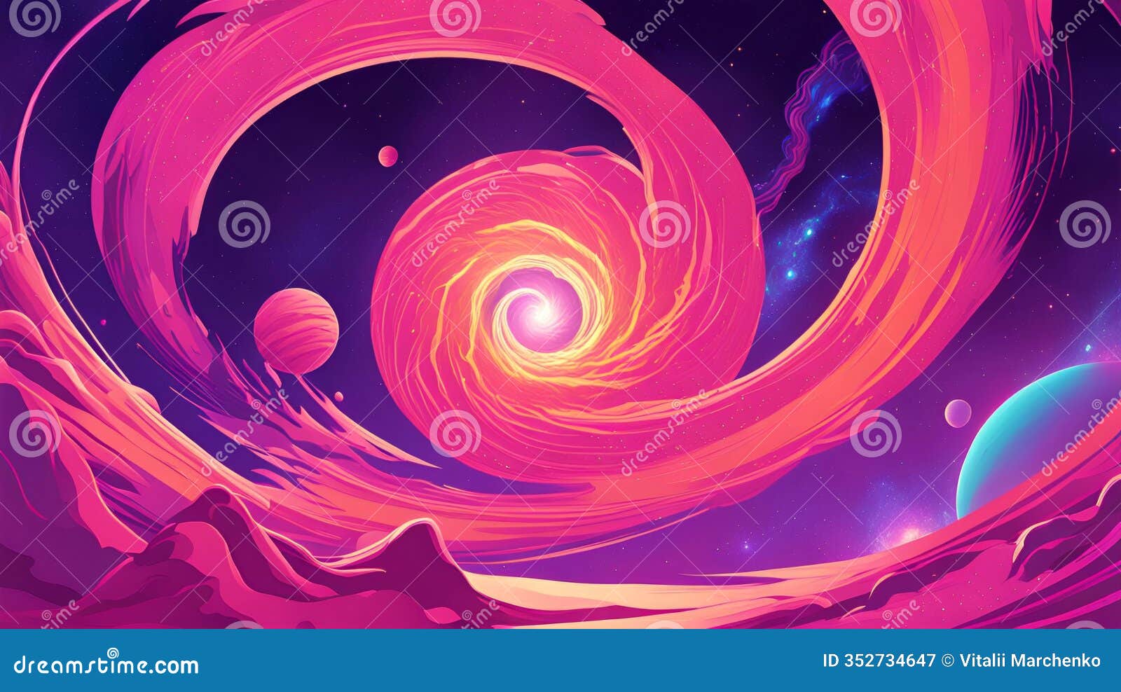 Vibrant Cosmic Swirls and Planets in a Psychedelic Space Landscape Stock Illustration ...