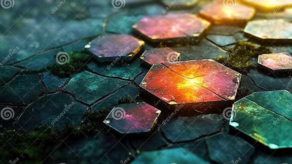 A Vibrant, Cosmic-themed Hexagonal Tile Pattern on a Cracked Surface ...